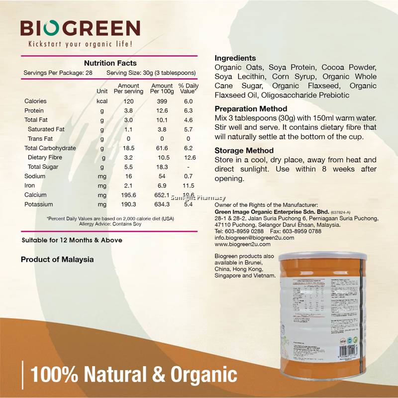 Biogreen O'Kid Cocoa Oatmilk 850G